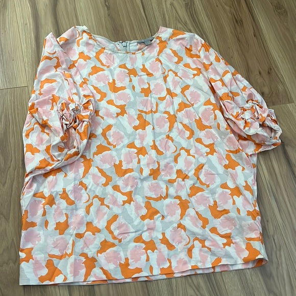 Tops | Cos Pink Orange White Puff Sleeve Crew Neck Blouse | Poshmark